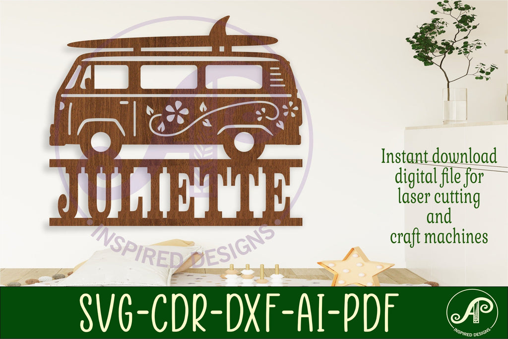 Vintage surfer van name sign svg laser cut file - So Fontsy