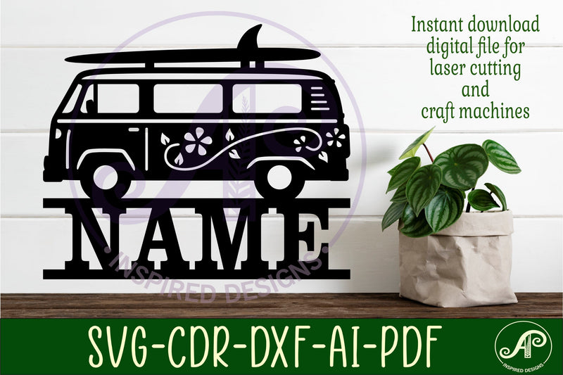 Vintage surfer van name sign svg laser cut file - So Fontsy
