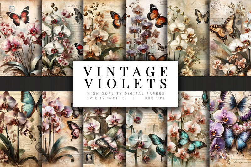 Vintage Violet Digital Papers Butterfly Scrapbook Background - So Fontsy