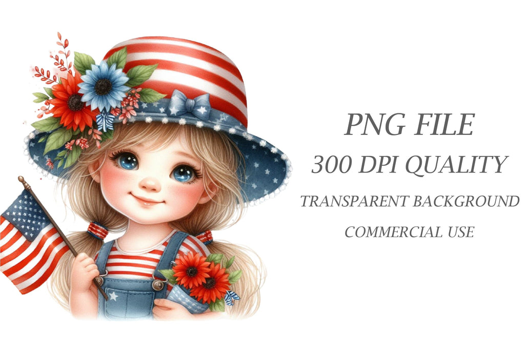 Watercolor 4ft Of July Cute Girl Clipart - So Fontsy