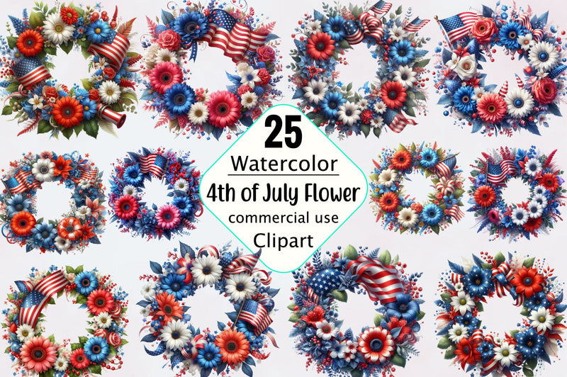 Watercolor 4th of July Flower Wreath PNG Bundle - So Fontsy