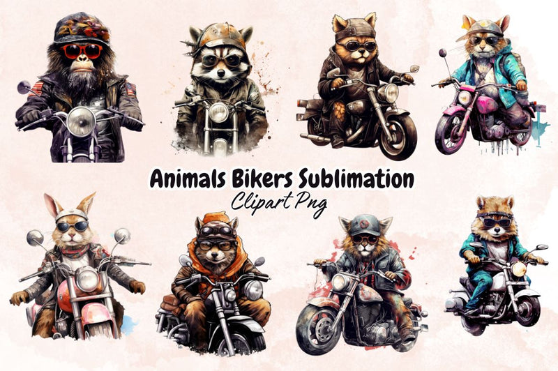 Watercolor Animals Bikers Sublimation Clipart Bundle - So Fontsy