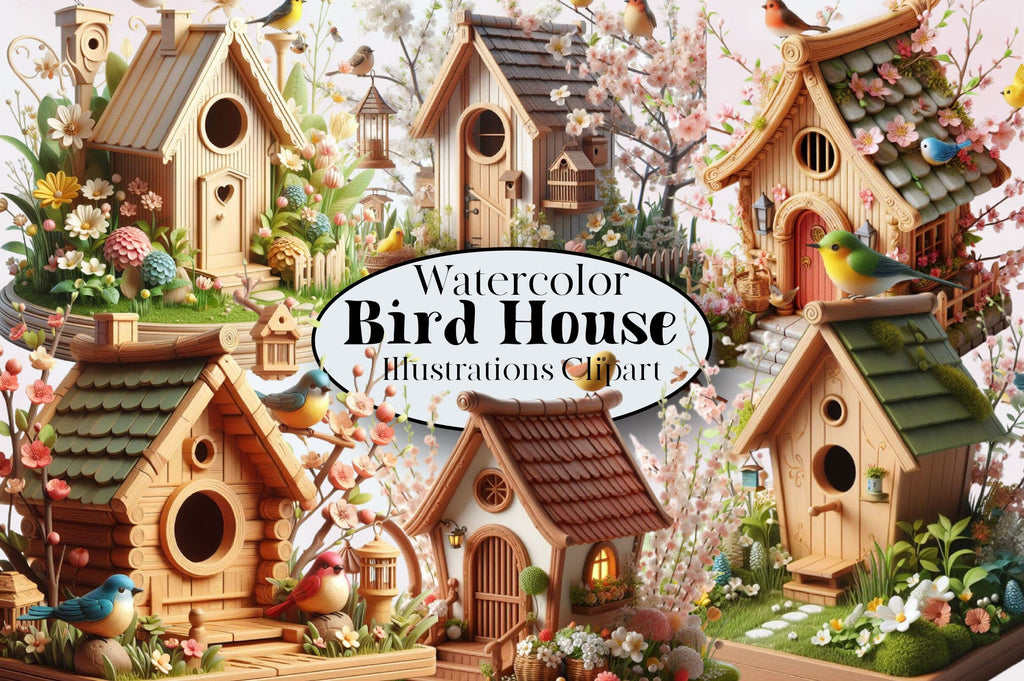 Watercolor Bird House Clipart Bundle - So Fontsy