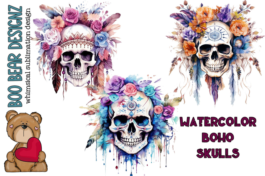 Watercolor Boho Skull Clipart - So Fontsy