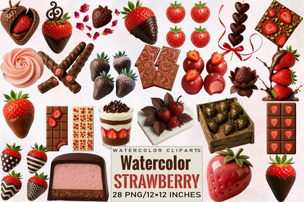 Watercolor Chocolate Strawberry Clipart Bundle. - So Fontsy