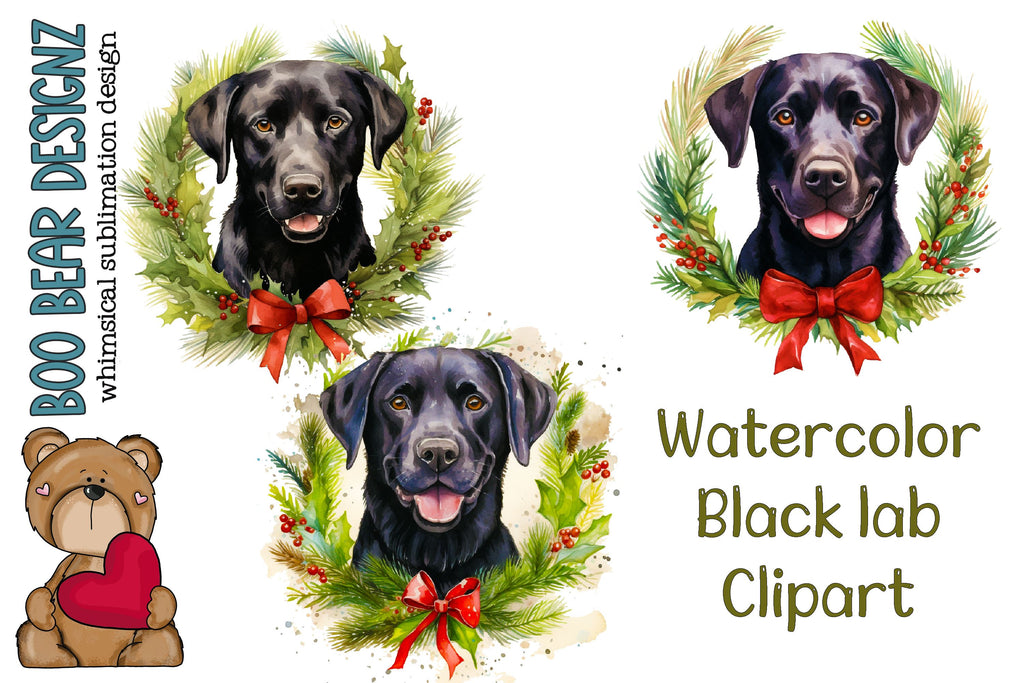 Watercolor Christmas Black Lab Clipart - So Fontsy