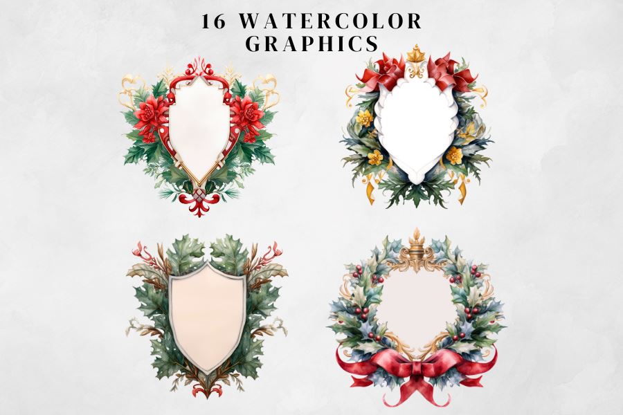 Watercolor Christmas Crest Clipart Bundle - So Fontsy