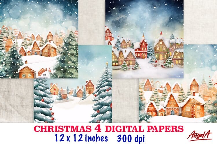 Watercolor Christmas floral digital paper / winter village - So Fontsy