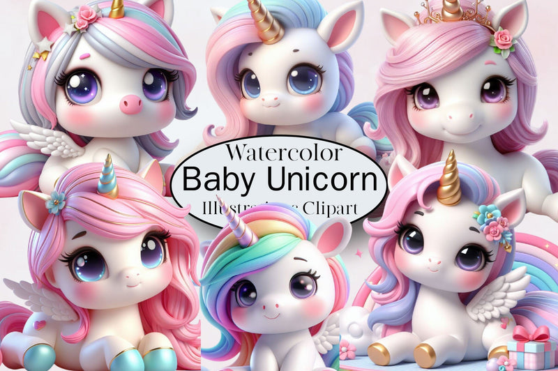 Watercolor Cute Baby Unicorn Clipart Bundle - So Fontsy