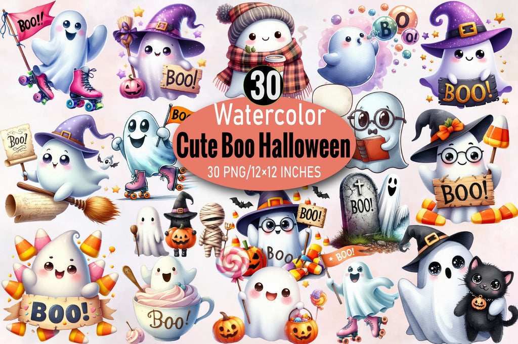 Watercolor Cute Boo Halloween Clipart Bundle. - So Fontsy