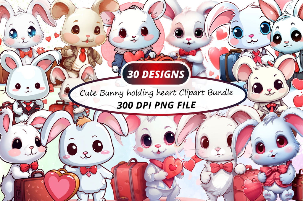 Watercolor Cute Bunny Holding Heart Clipart Bundle - So Fontsy