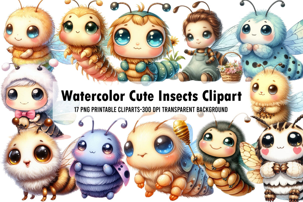 Watercolor Cute Insects Clipart - So Fontsy