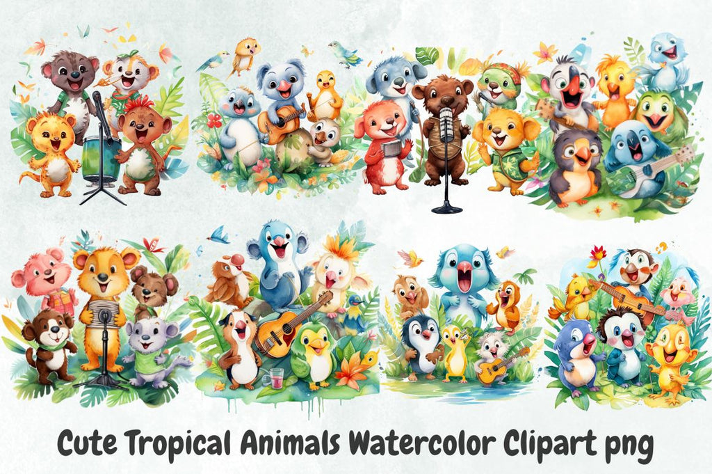 Watercolor Cute Tropical Animals Clipart Bundle - So Fontsy