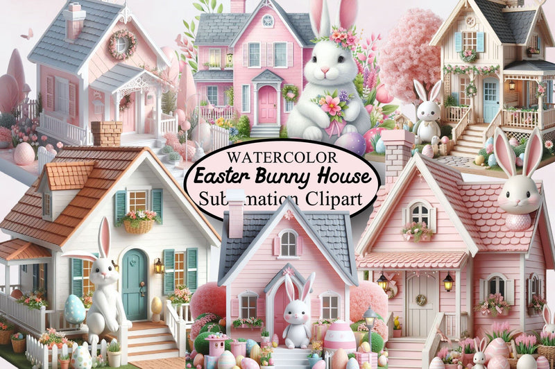 Watercolor Easter Bunny House Clipart - So Fontsy