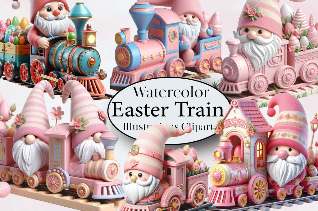 Watercolor Easter Gnome Train Clipart Bundle - So Fontsy