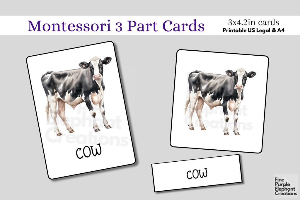Watercolor Farm Animals Flashcards | Preschool Montessori Cards - So Fontsy
