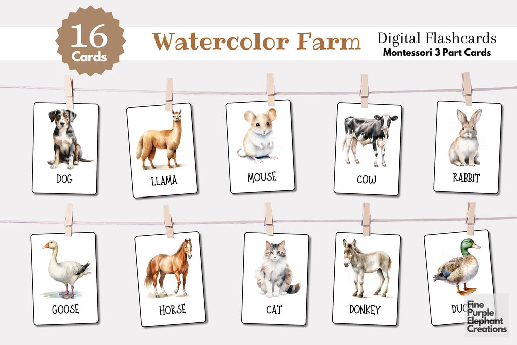 Watercolor Farm Animals Flashcards | Preschool Montessori Cards - So Fontsy