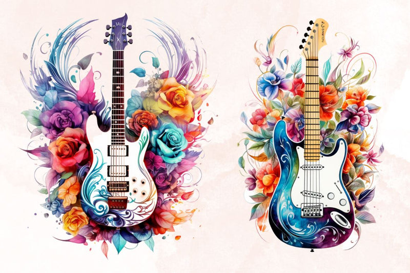 Watercolor Floral Electric Guitar Sublimation Bundle - So Fontsy