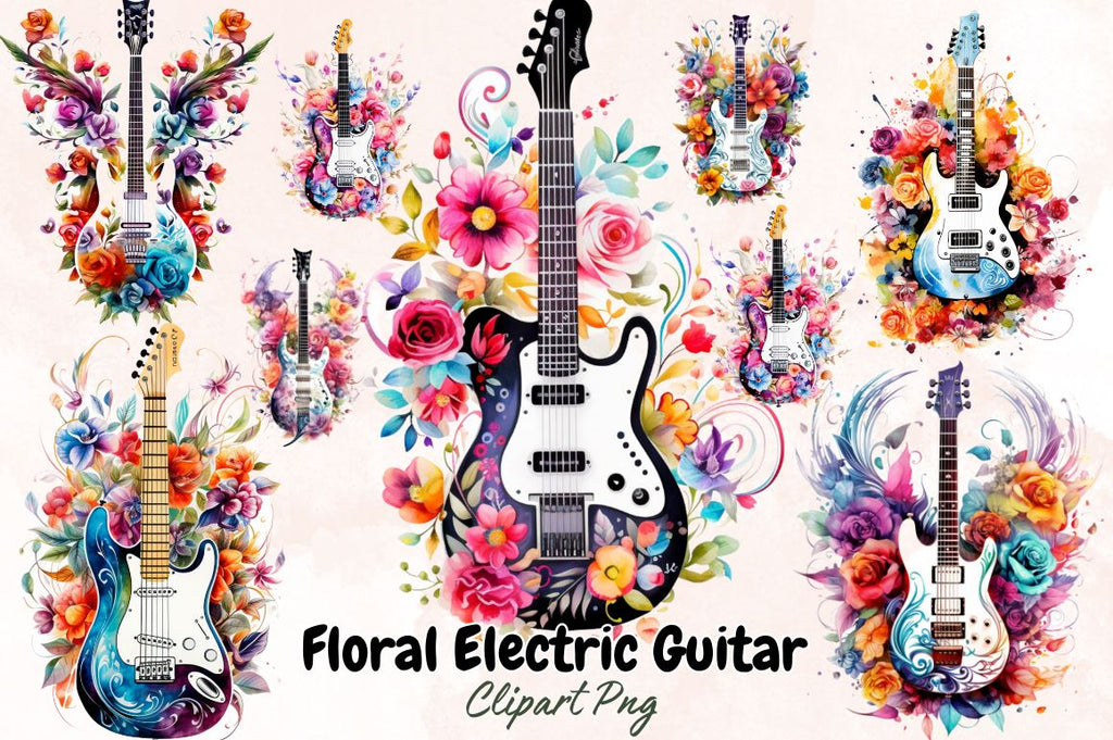 Watercolor Floral Electric Guitar Sublimation Bundle - So Fontsy