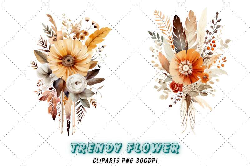 Watercolor Flower Feather Bouquet Clipart - Boho Shabby Floral Wedding ...