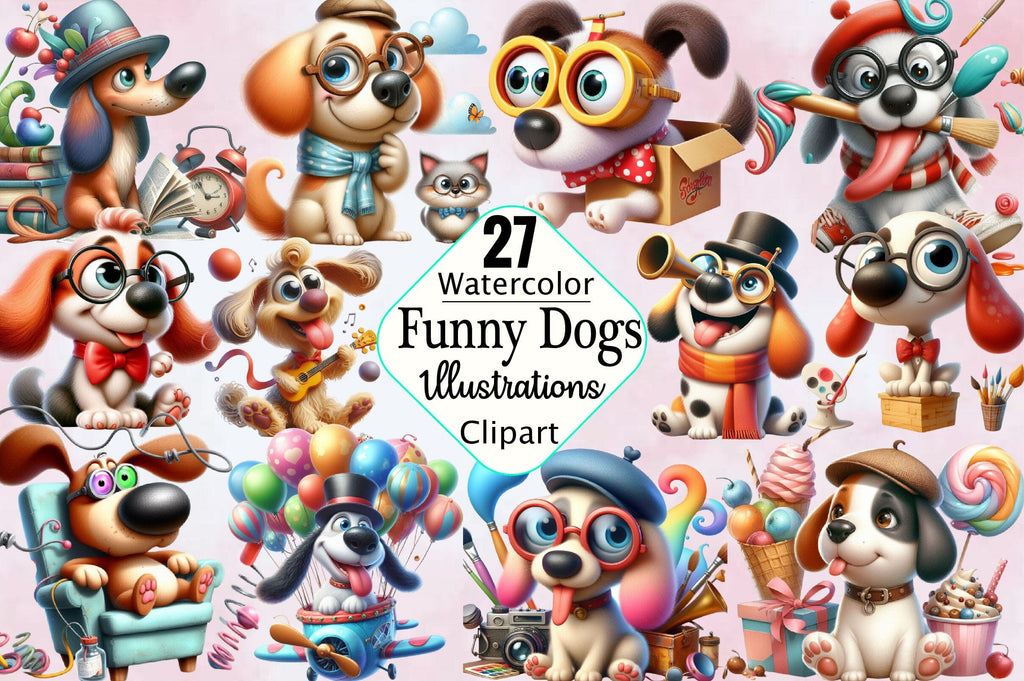 Watercolor Funny Dog Sublimation Clipart Bundle - So Fontsy