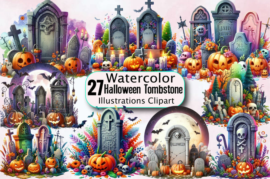 Watercolor Halloween Tombstone Sublimation Clipart Bundle - So Fontsy