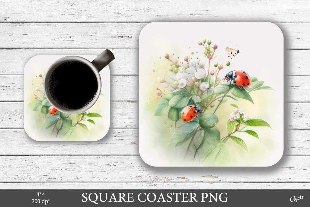 Watercolor Lady Bug Coaster PNG. Square Coaster Sublimation - So Fontsy