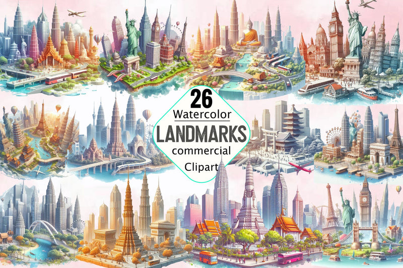 Watercolor Landmarks Clipart Travel Clipart Bundle - So Fontsy