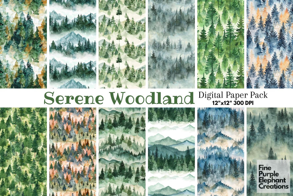 Watercolor Mountain Forest Digital Paper | Green Trees Sublimation - So ...