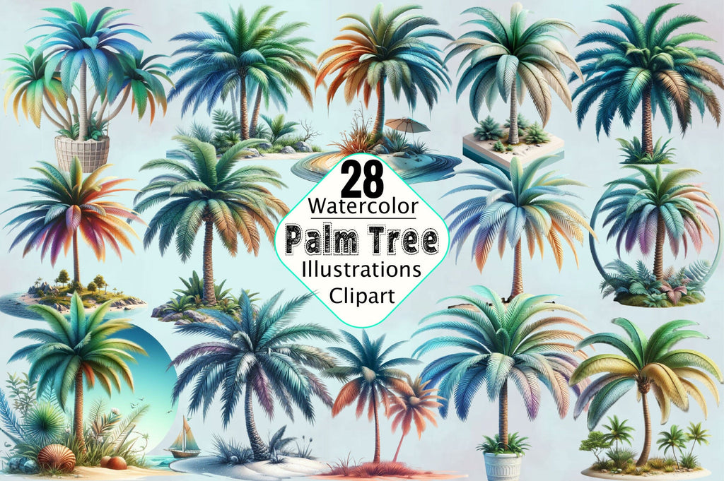 Watercolor Palm Tree Sublimation Clipart Bundle - So Fontsy
