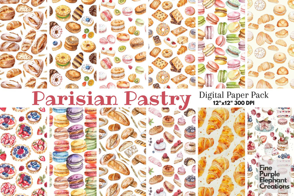 Watercolor Parisian Pastry Dessert Digital Paper - Recipe Scrapbook ...