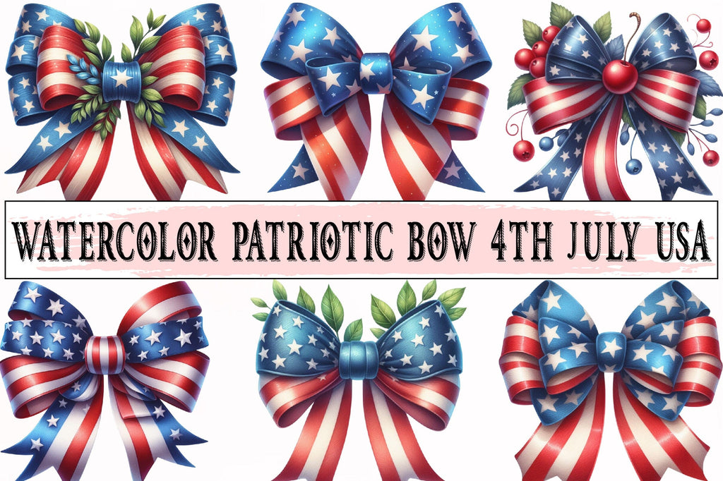 Watercolor Patriotic Bow 4th July USA - So Fontsy