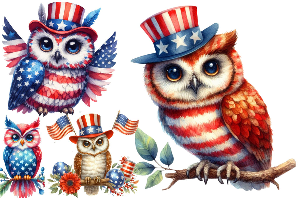 Watercolor Patriotic Owl Clipart - So Fontsy