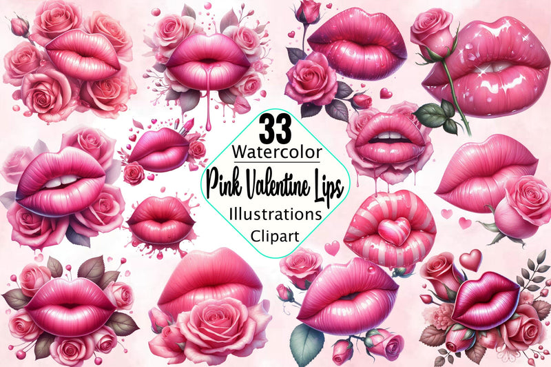 Watercolor Pink Valentine Lips Sublimation Clipart Bundle - So Fontsy