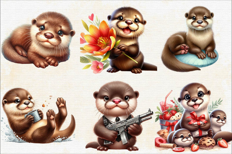 Watercolor Playful Otter Pups Sublimation Clipart Bundle - So Fontsy