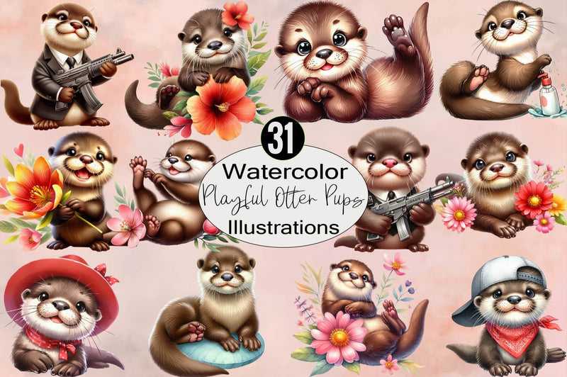 Watercolor Playful Otter Pups Sublimation Clipart Bundle - So Fontsy