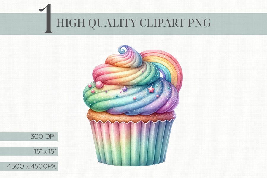 Watercolor Rainbow Cupcake Clipart Illustration PNG - So Fontsy