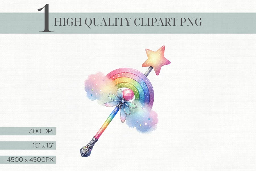 Watercolor Rainbow Magic Wand Clipart Illustration PNG - So Fontsy