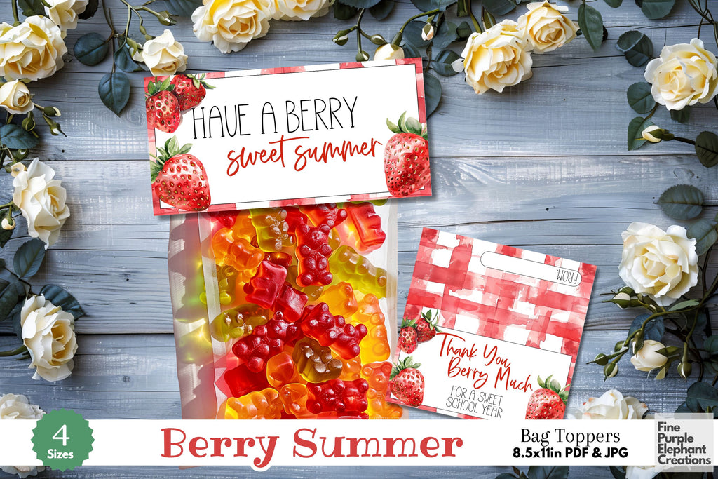 Watercolor Strawberry Fruit Printable Treat Bag Topper Card - So Fontsy