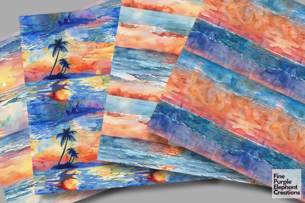 Watercolor Tropical Sunset Digital Paper | Hawaiian Island Beach Summer ...