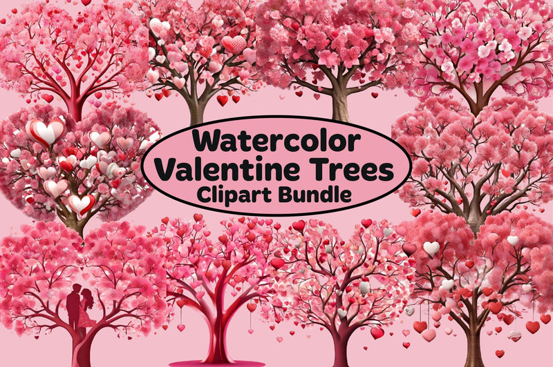 Watercolor Valentine Trees Clipart Bundle - So Fontsy