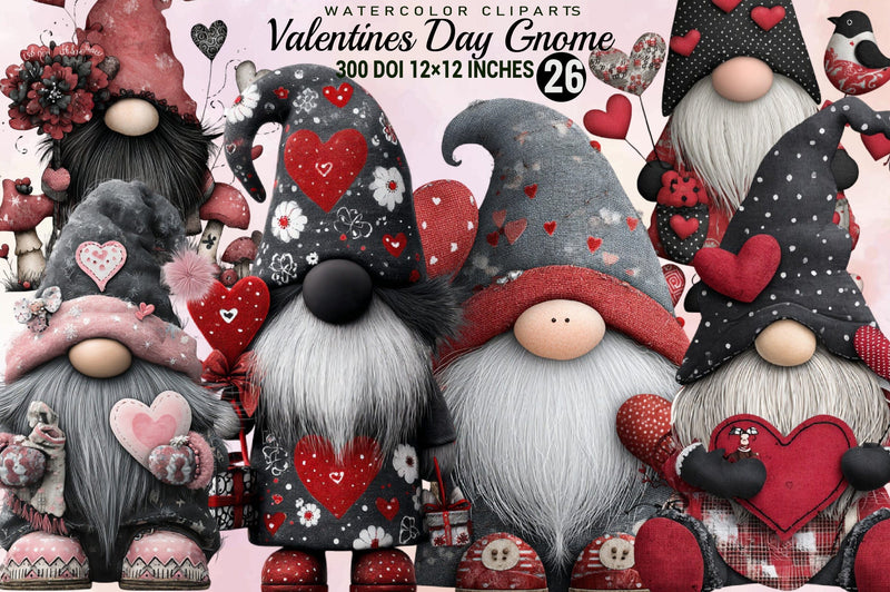 Watercolor Valentines Day Gnome Clipart Bundle. - So Fontsy