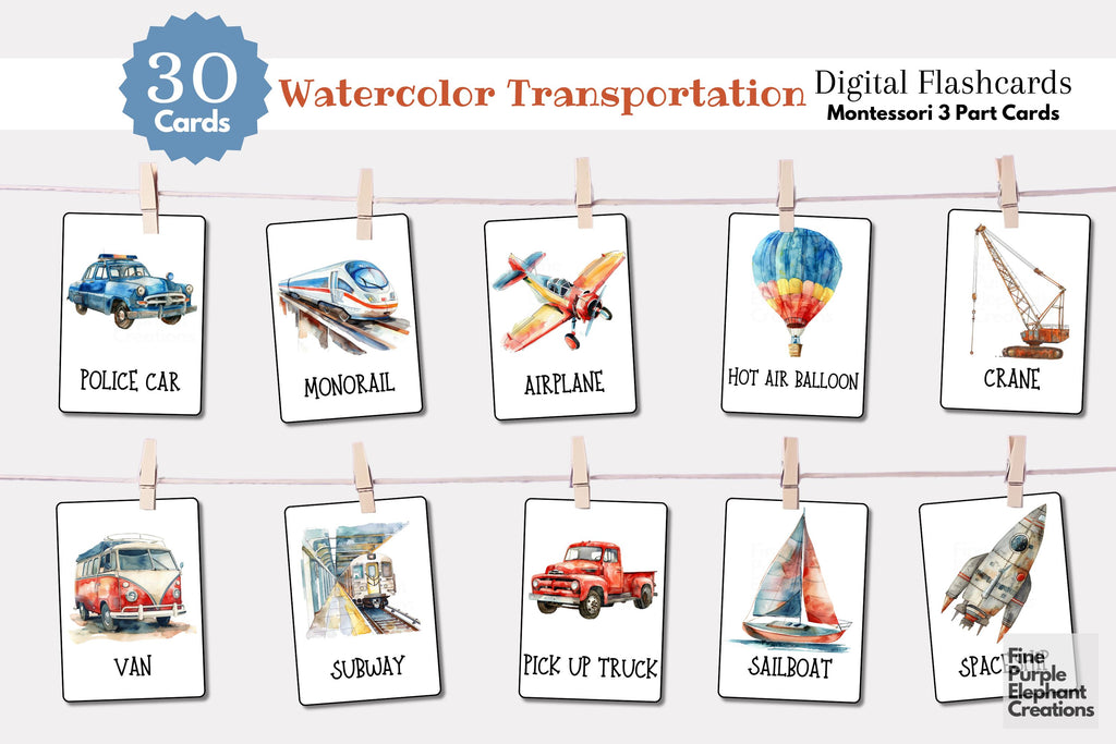 Watercolor Vehicle Transportation Flashcards | Preschool Montessori ...