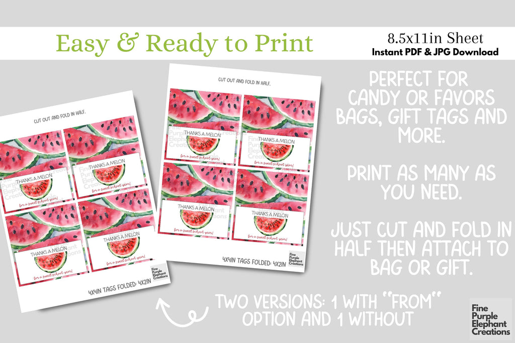 Watercolor Watermelon Fruit Printable Treat Bag Topper Card - Favor End ...