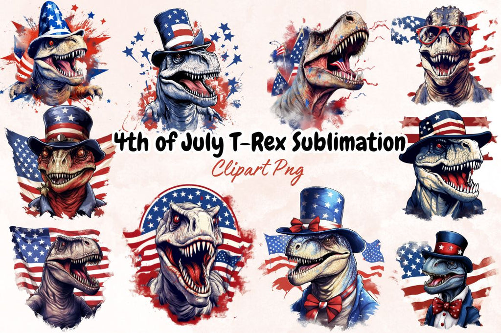 Watercolor4th of July T-Rex Sublimation Clipart Bundle - So Fontsy