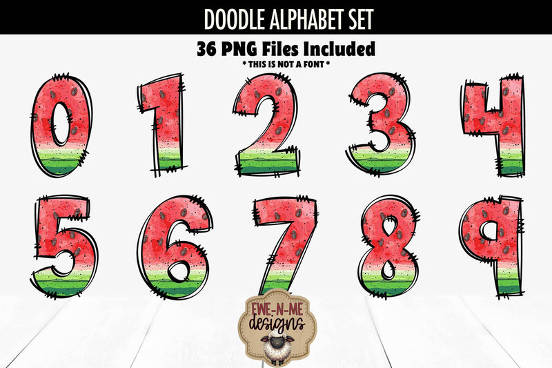 Watermelon Doodle Alphabet and Numbers | Summer PNG Files - So Fontsy