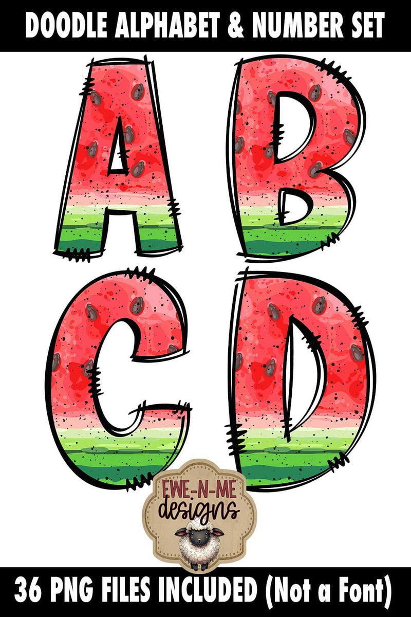 Watermelon Doodle Alphabet and Numbers | Summer PNG Files - So Fontsy