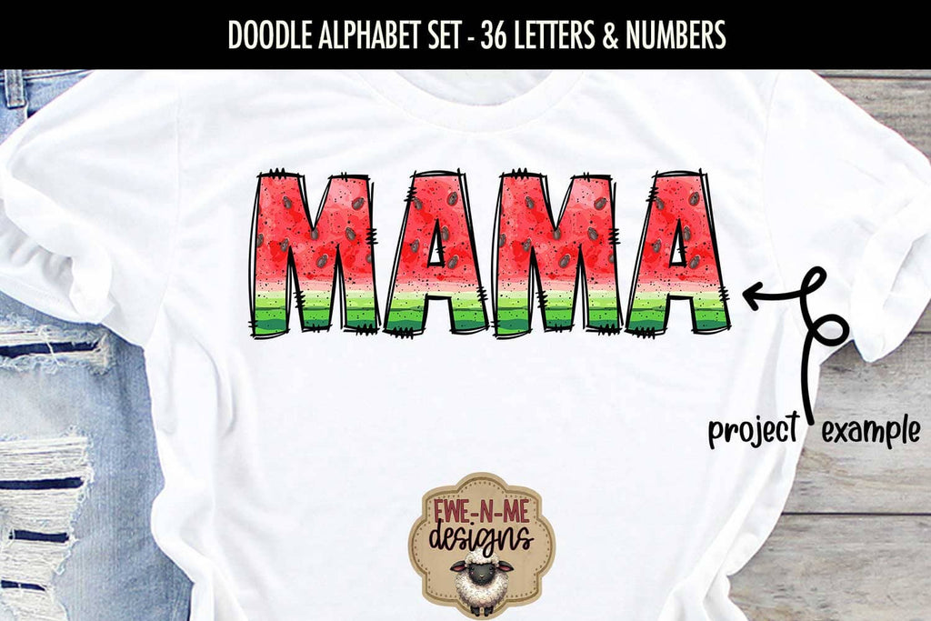 Watermelon Doodle Alphabet and Numbers | Summer PNG Files - So Fontsy