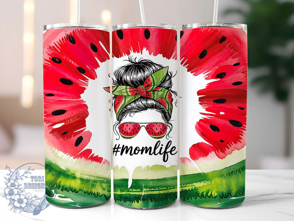 Watermelon Mom Life Tumbler, Summer Fruit Drinkware, Messy Bun Tumbler ...