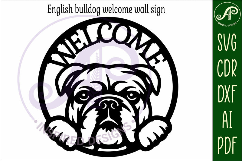 Welcome English Bulldog wall sign svg laser cut file - So Fontsy